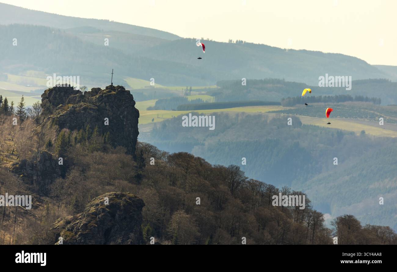 Aerial photo, Bruchhauser Steine, rocky landscape, paragliding, summit ...