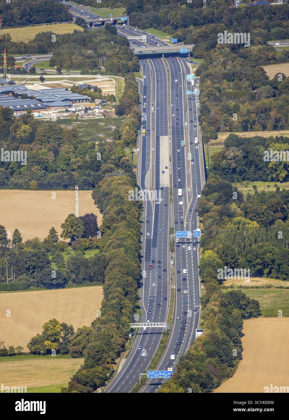 Aerial view, motorway A1, exit motorway junction Dortmund Unna, Unna ...