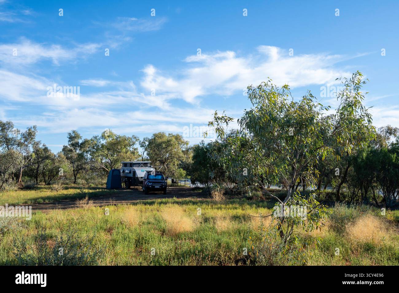 Caravan camped by Thomson River, Lochern National Park, Queensland ...
