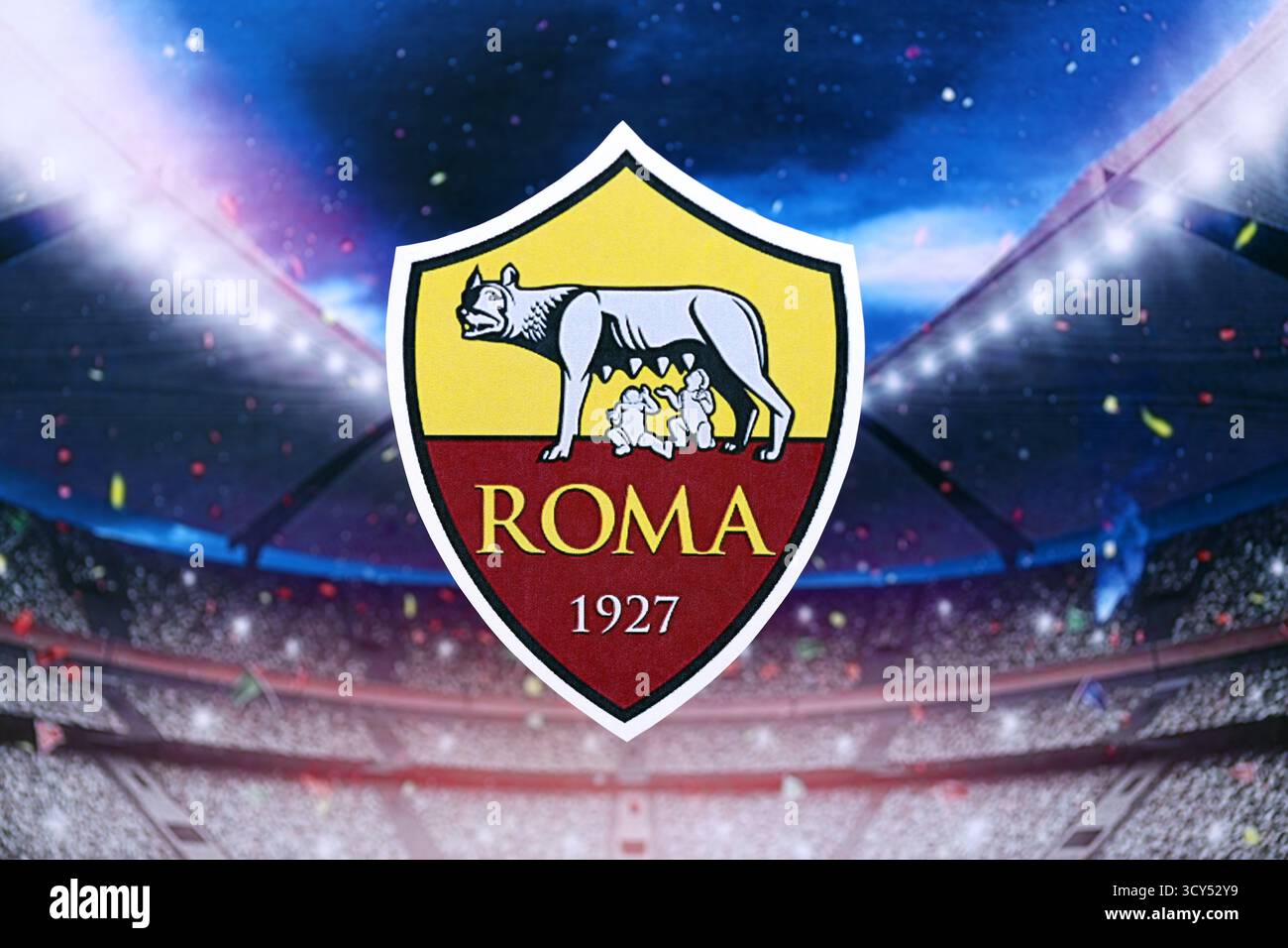 KYIV, UKRAINE - FEBRUARY 23, 2025 AS Roma football club badge lies on ...