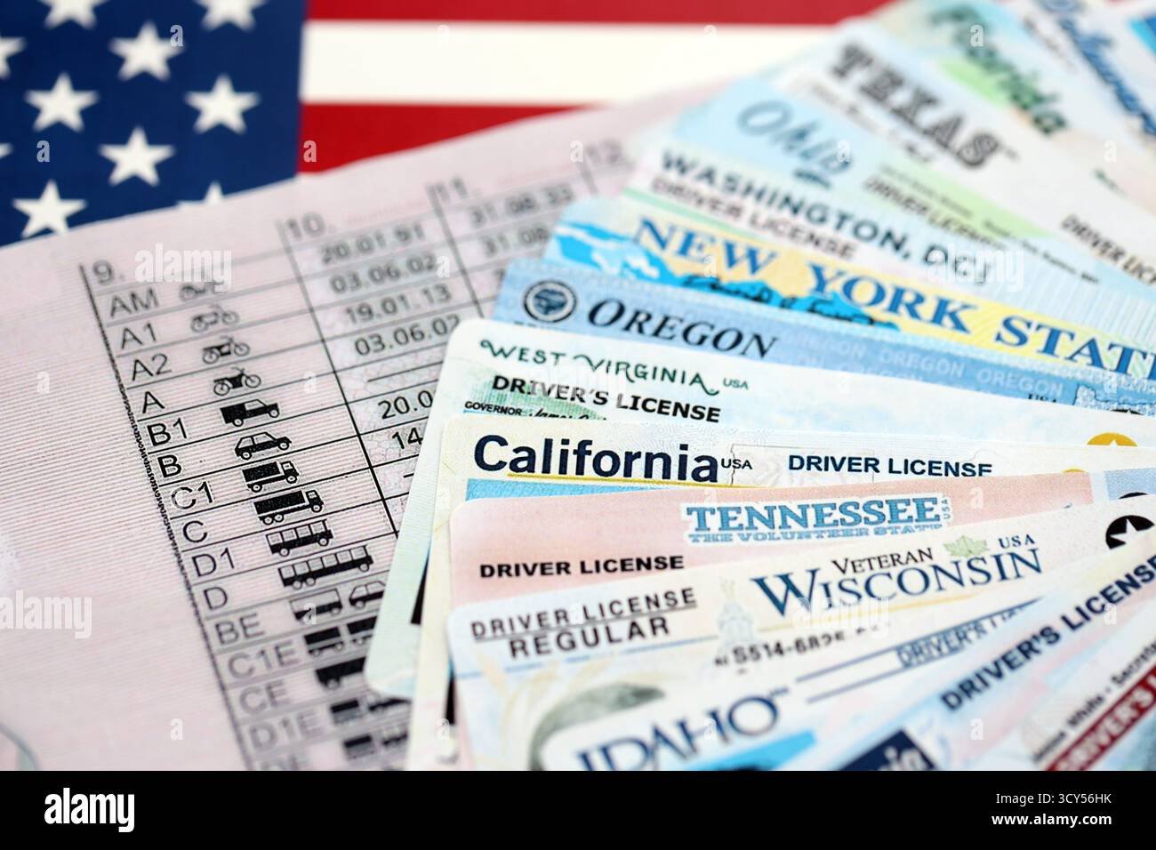 Big amount of driving licenses from different USA states on flag close ...
