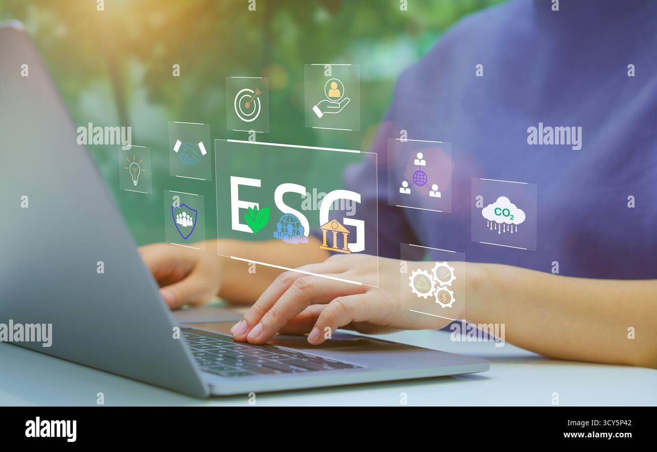 Woman working on ESG sustainability goals. A business professional ...