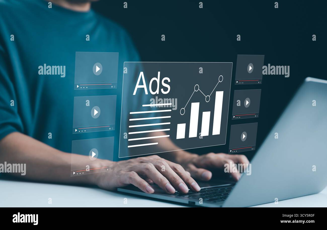 Digital Advertising Analytics and Video ADS Campaigns. Person using ...