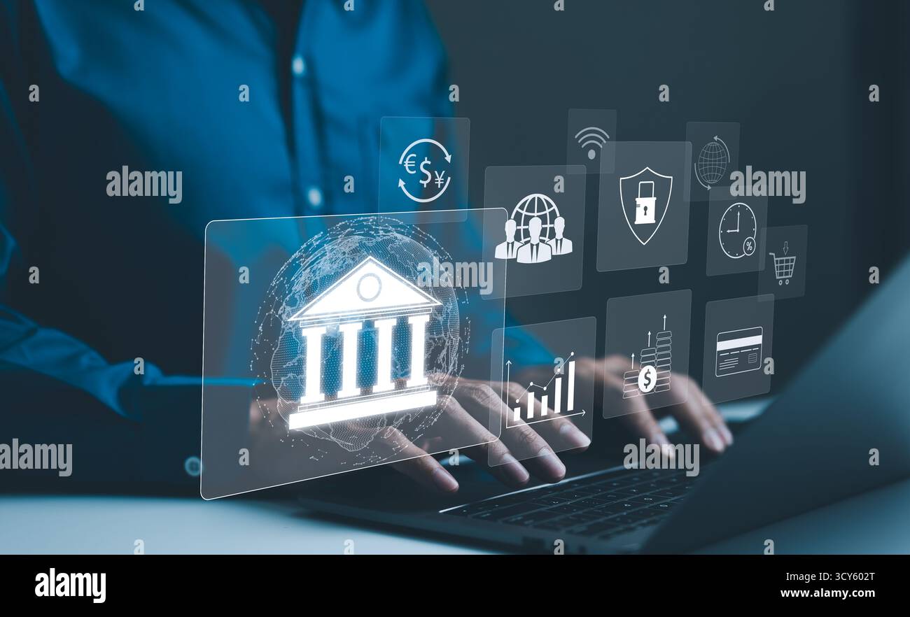 Digital Banking and Financial Technology Concept. Businessman use ...