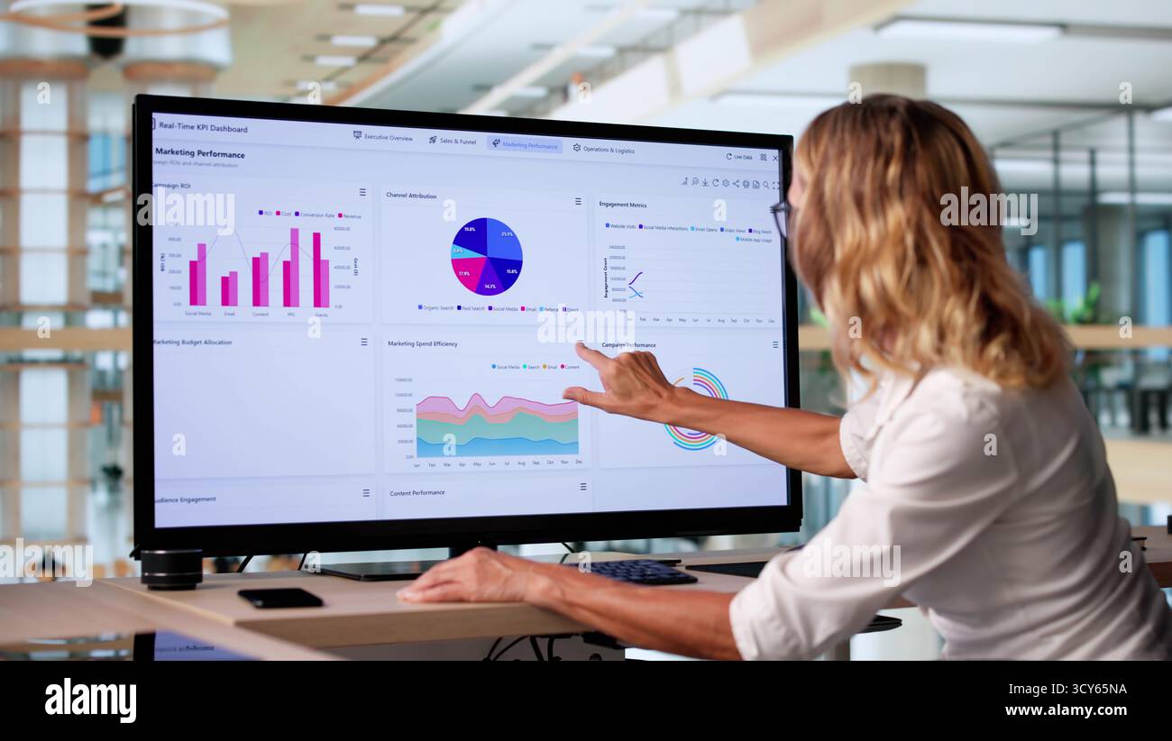 Office Desktop With Computer Displaying Business Analytics And Charts ...