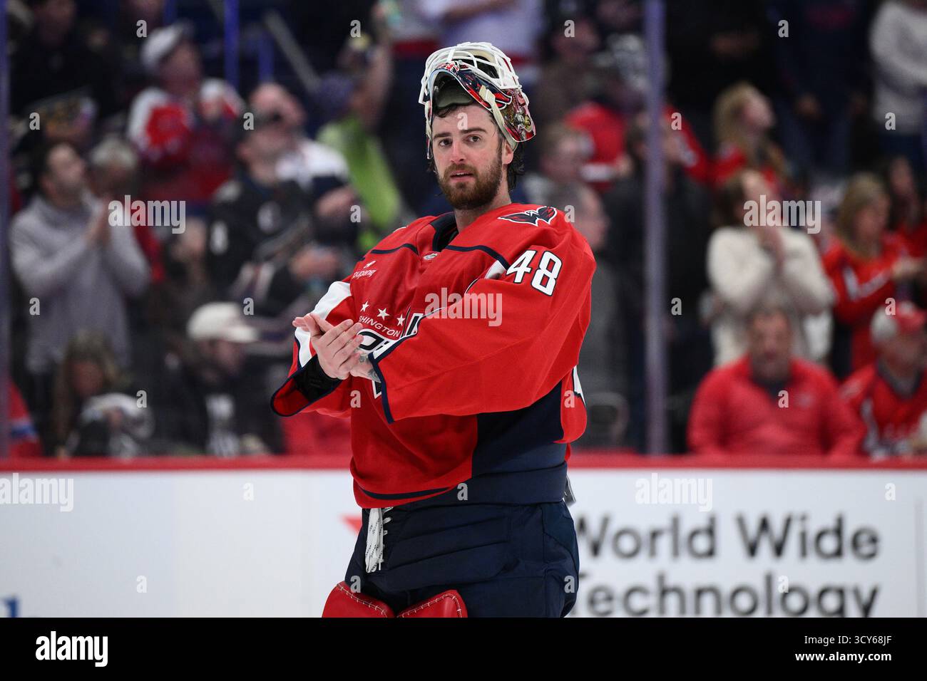 Washington Capitals goaltender Logan Thompson (48) looks on during the ...