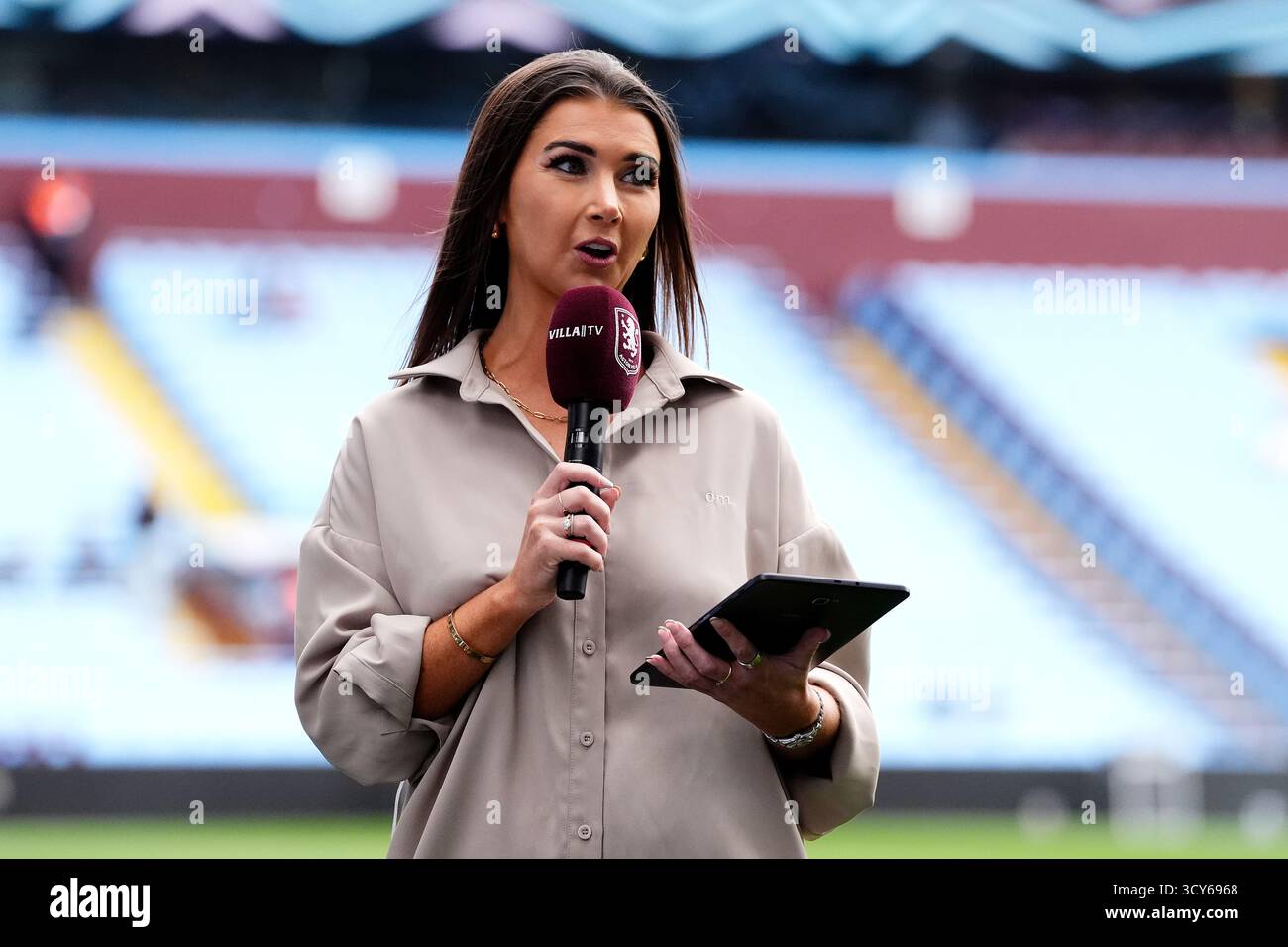 Presenter Kate Tracey during the Premier League match at Villa Park ...