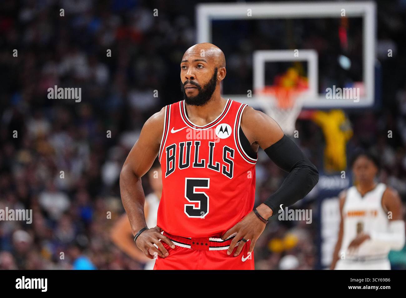 Chicago Bulls guard Jevon Carter looks on against the Denver Nuggets ...