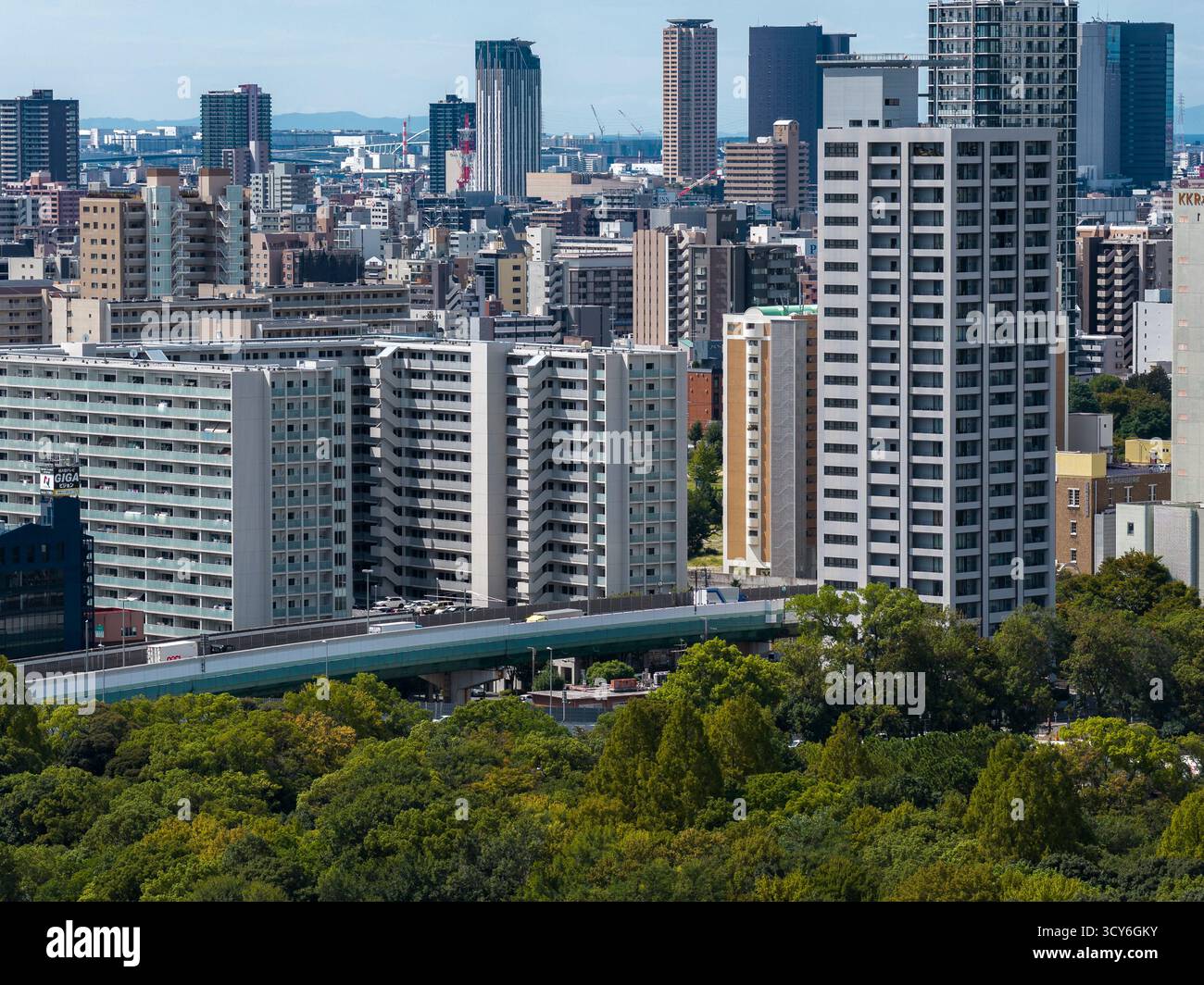 Aerial daytime view of central Osaka with parkland and expressway Stock ...
