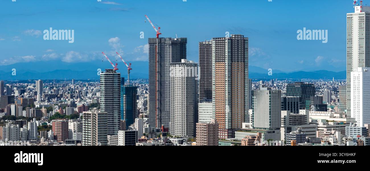Aerial panoramic view of central Tokyo towers and cranes in daylight ...