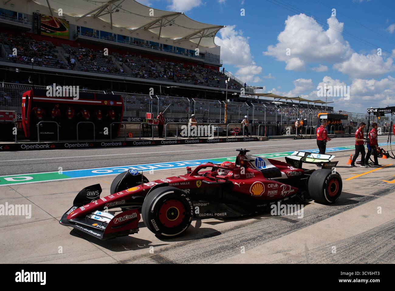 Ferrari driver Charles Leclerc of Monaco leaves the pits during a ...