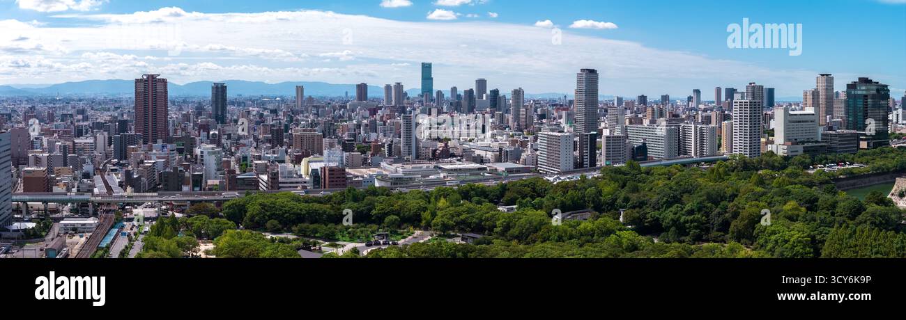 Aerial panoramic view of Osaka with Osaka Castle and Abeno Harukas ...