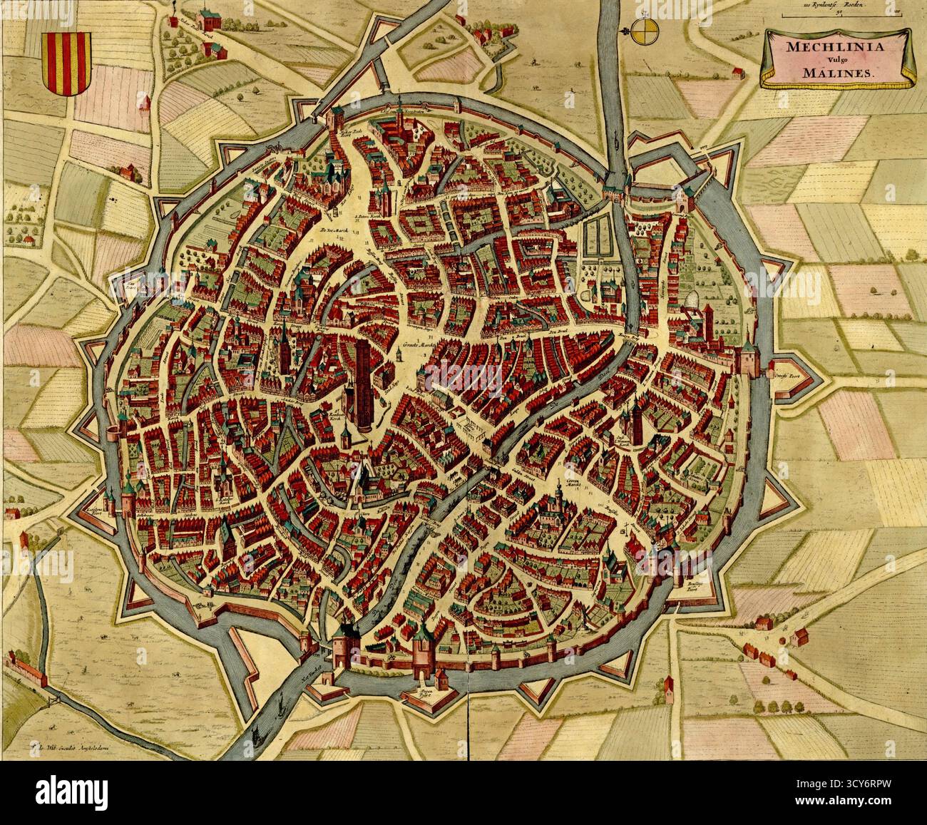 17th-century Mechelen map depicting urban design, defensive structures ...