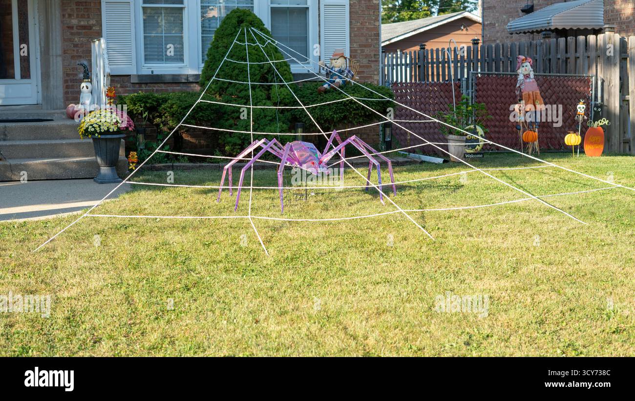 A vibrant purple geometric-style spider sits in a white web, part of a ...
