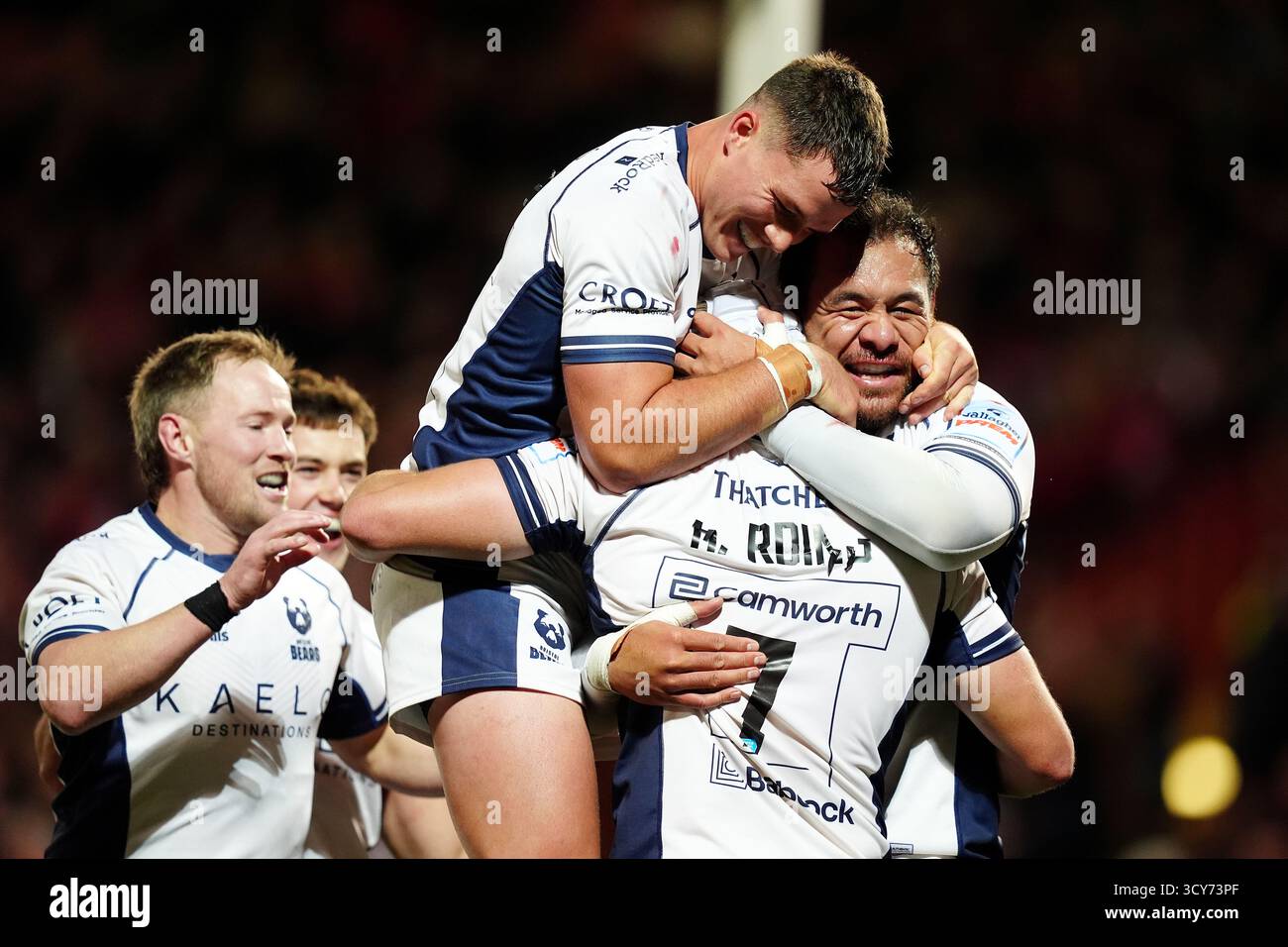 Bristol Bears' Fitz Harding celebrates with team-mates after scoring a ...