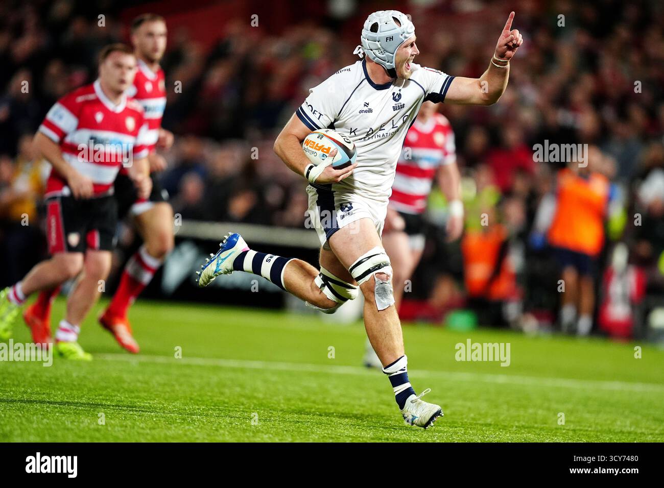 Bristol Bears' Fitz Harding celebrates scoring a try during the ...