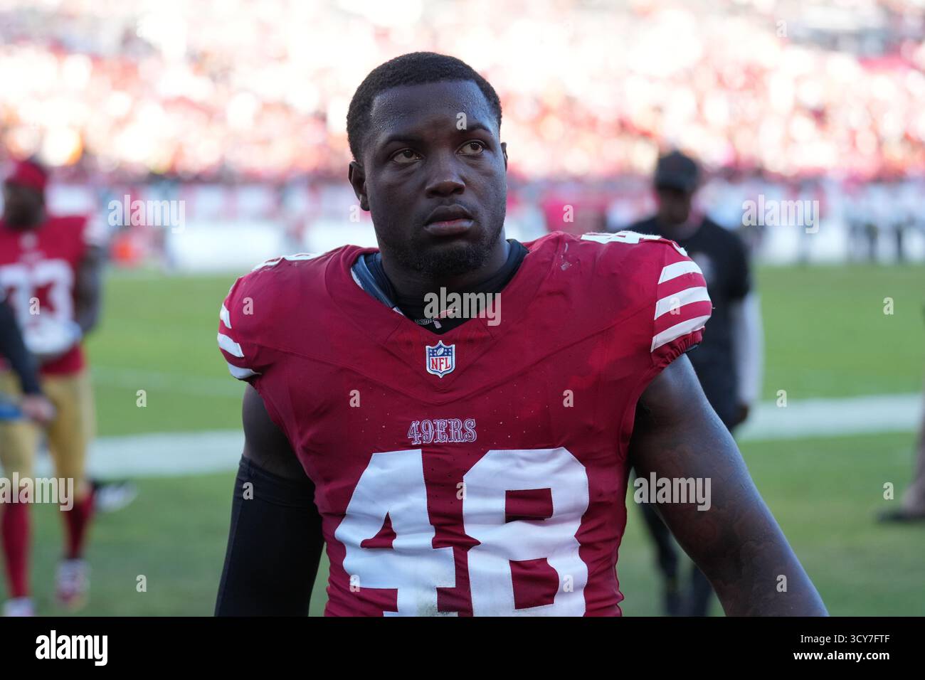 San Francisco 49ers linebacker Tatum Bethune (48) leaves the field ...