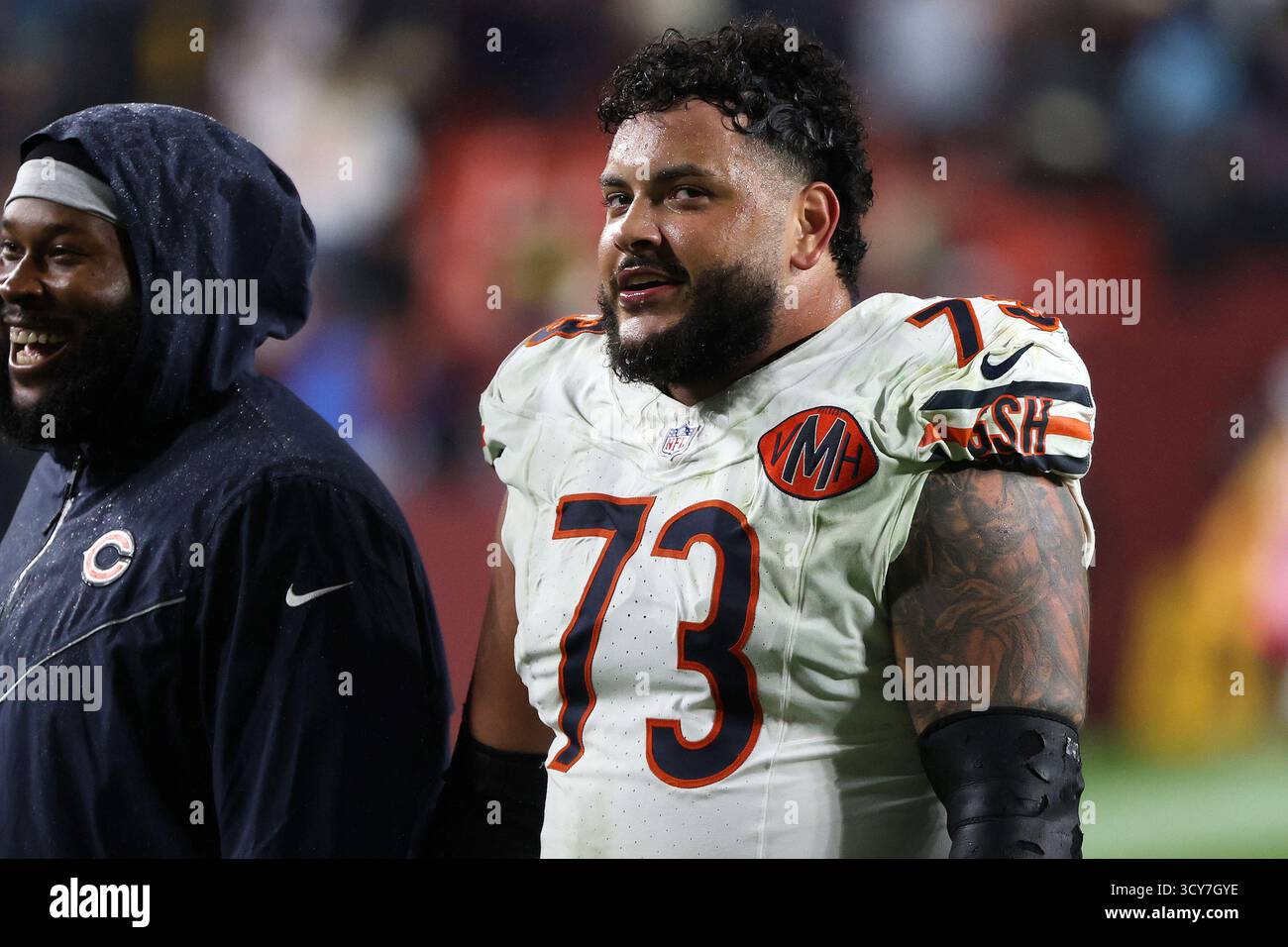 Chicago Bears guard Jonah Jackson (73) looks on after an NFL football ...