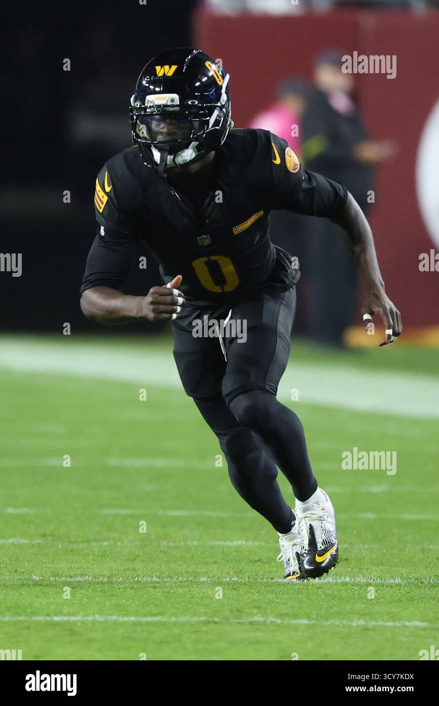 Washington Commanders cornerback Mike Sainristil (0) rushes during an ...