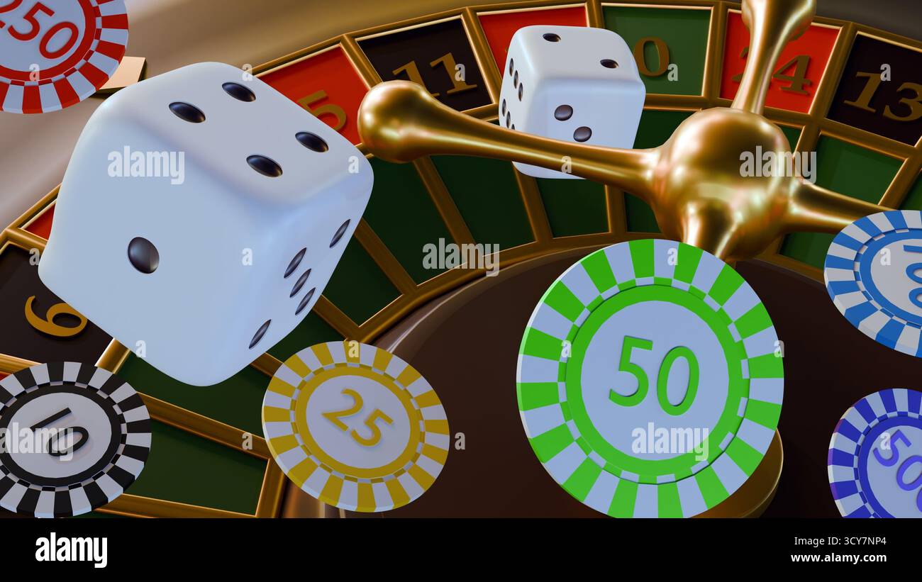 A 3d illustration of casino elements, including two white dice mid-air ...