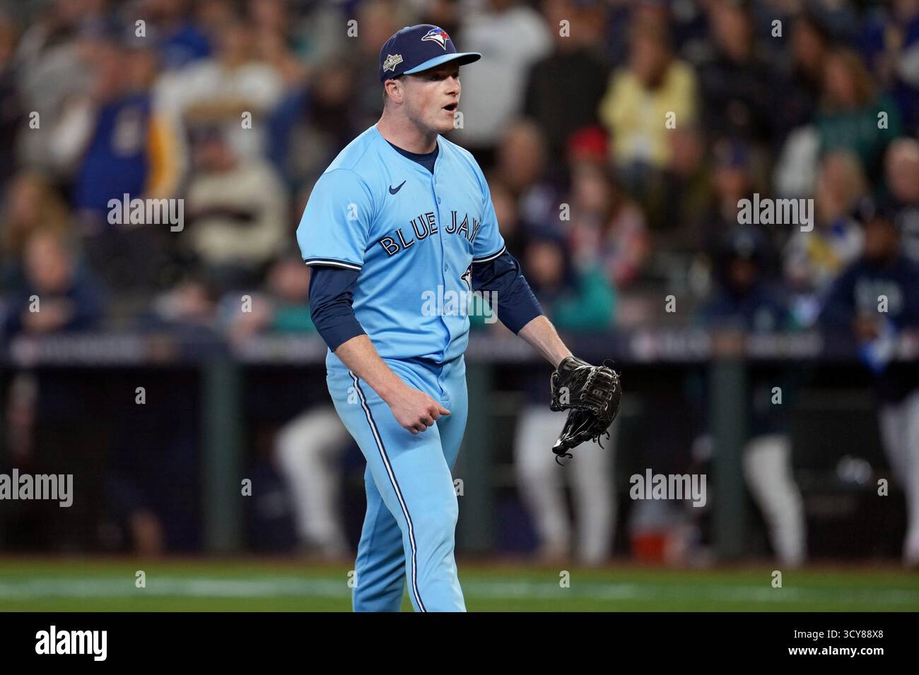 Toronto Blue Jays pitcher Louis Varland reacts after an out during the ...