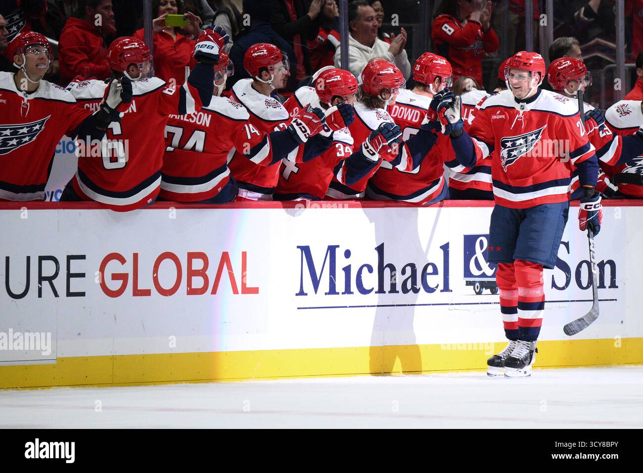 Washington Capitals center Aliaksei Protas (21) celebrates his goal ...