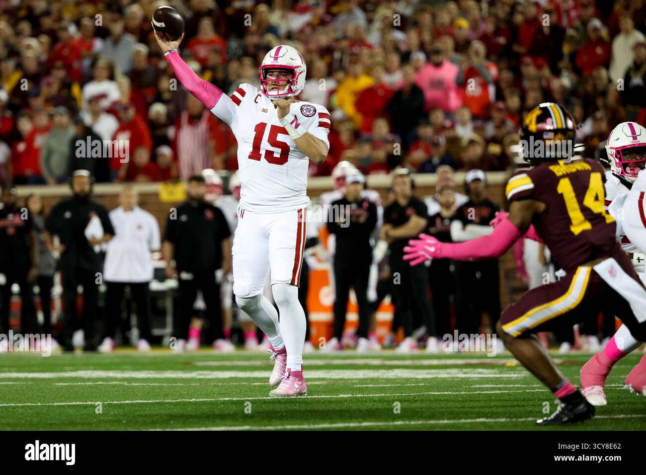 Nebraska quarterback Dylan Raiola (15) passes up the field during the ...