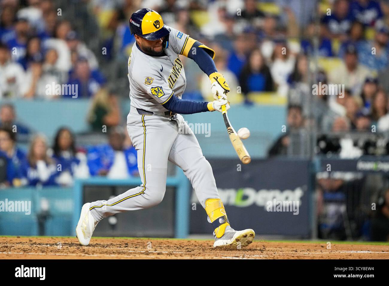Milwaukee Brewers' Jackson Chourio doubles against the Los Angeles ...