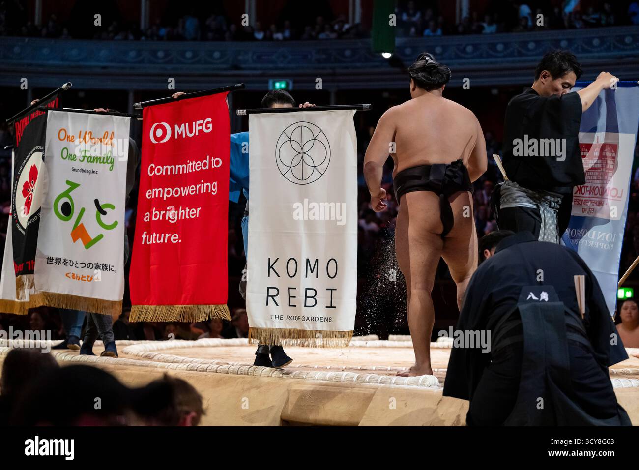 London, UK. 17 October 2025. Sponsors banners and (R) Kirishima during ...