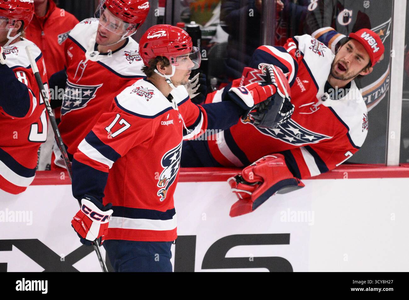 Washington Capitals center Dylan Strome (17) celebrates after his goal ...