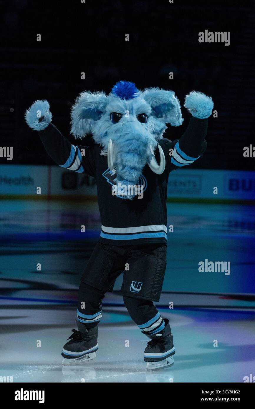 Utah Mammoth mascot Tusky skates on the ice prior to the game against ...
