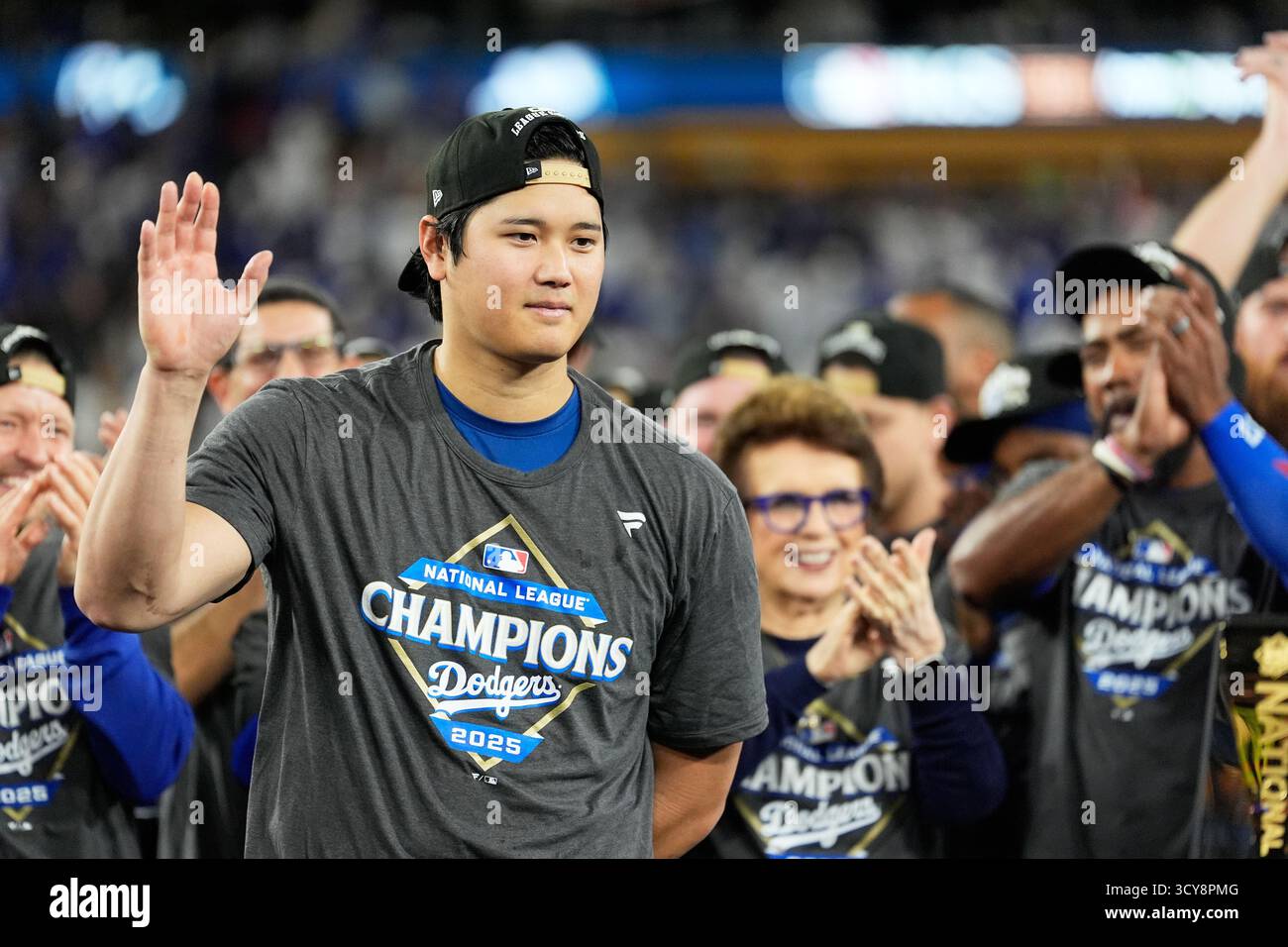 Los Angeles Dodgers pitcher Shohei Ohtani celebrates their win against ...