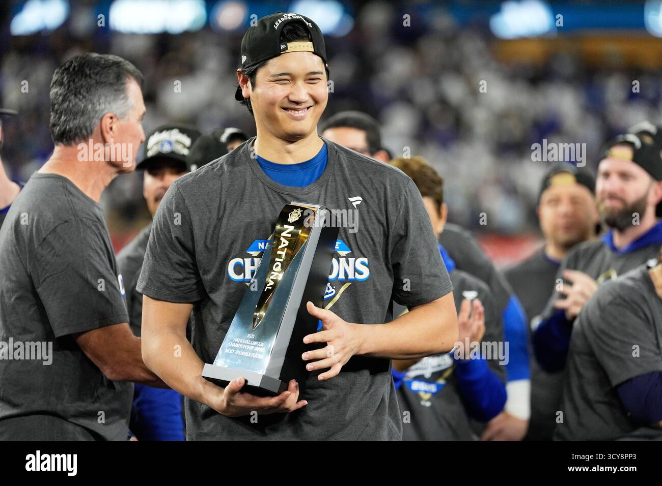 Los Angeles Dodgers pitcher Shohei Ohtani celebrates their win against ...