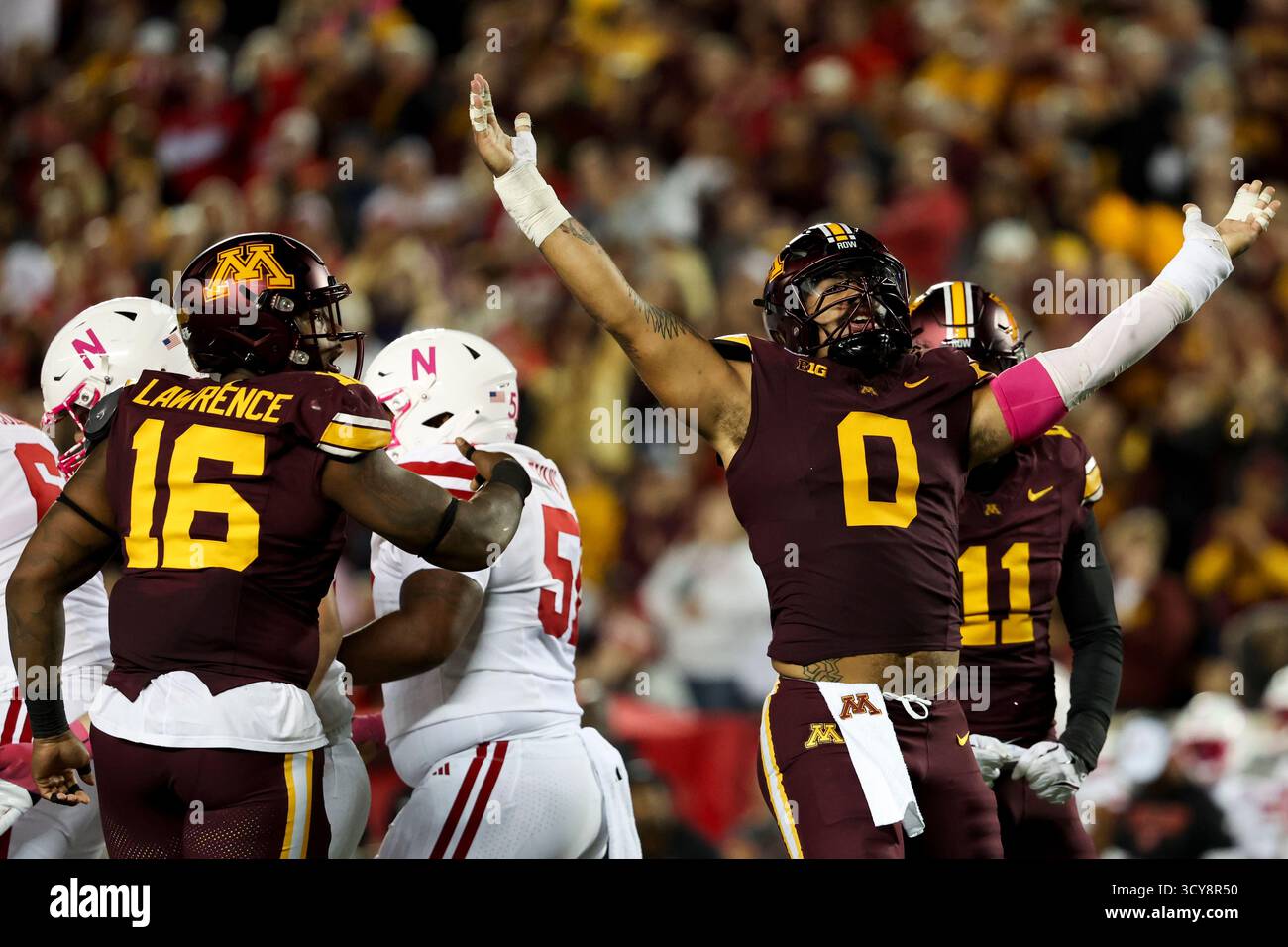 Minnesota defensive lineman Anthony Smith (0) celebrates after sacking ...