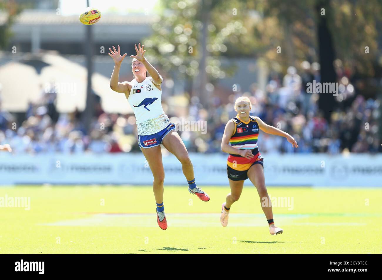 Blaithin Bogue of the Kangaroos takes a mark during the AFLW Round 10 ...
