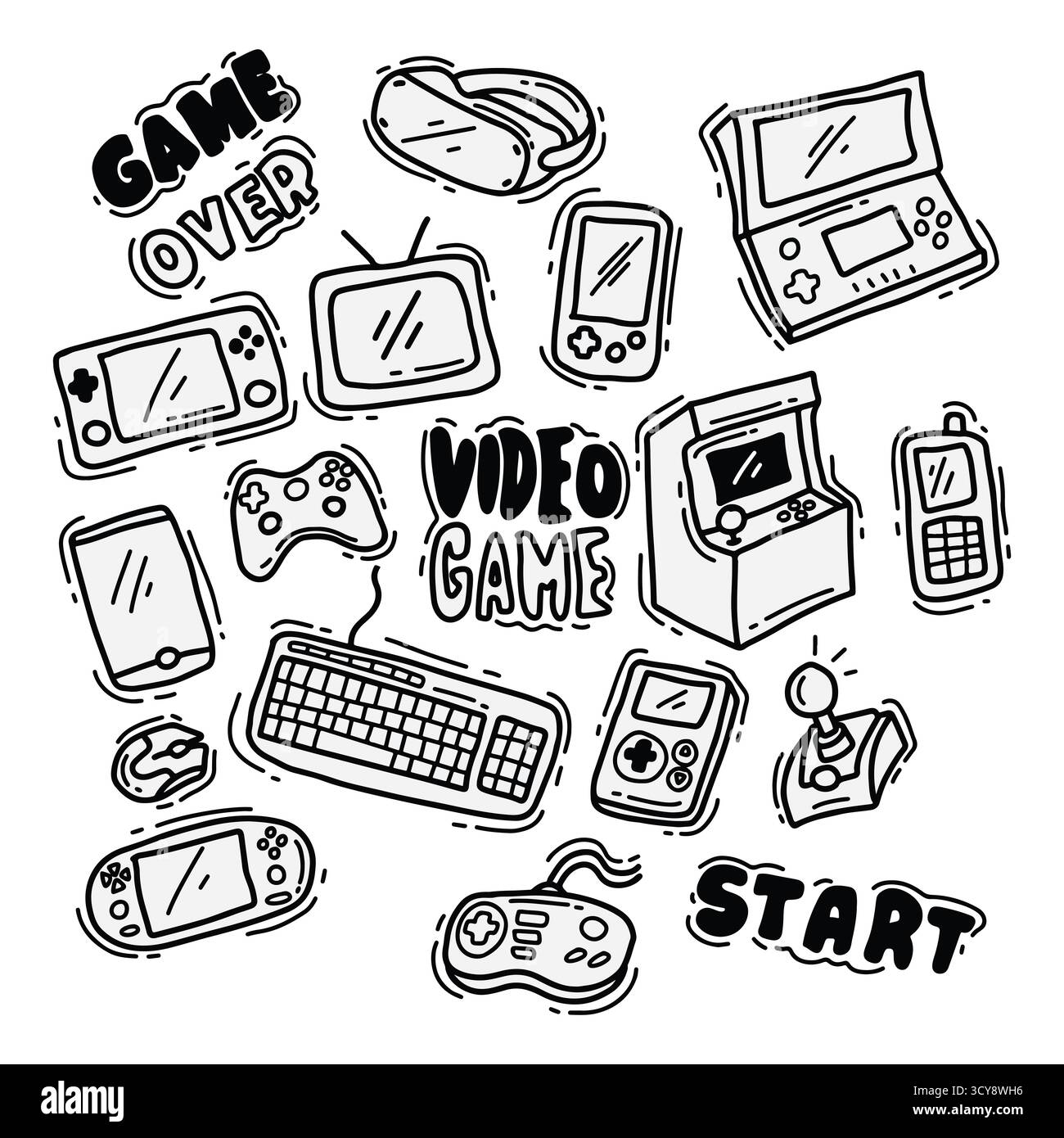 Black and White Gaming Doodles Featuring Consoles, VR Headset, and ...