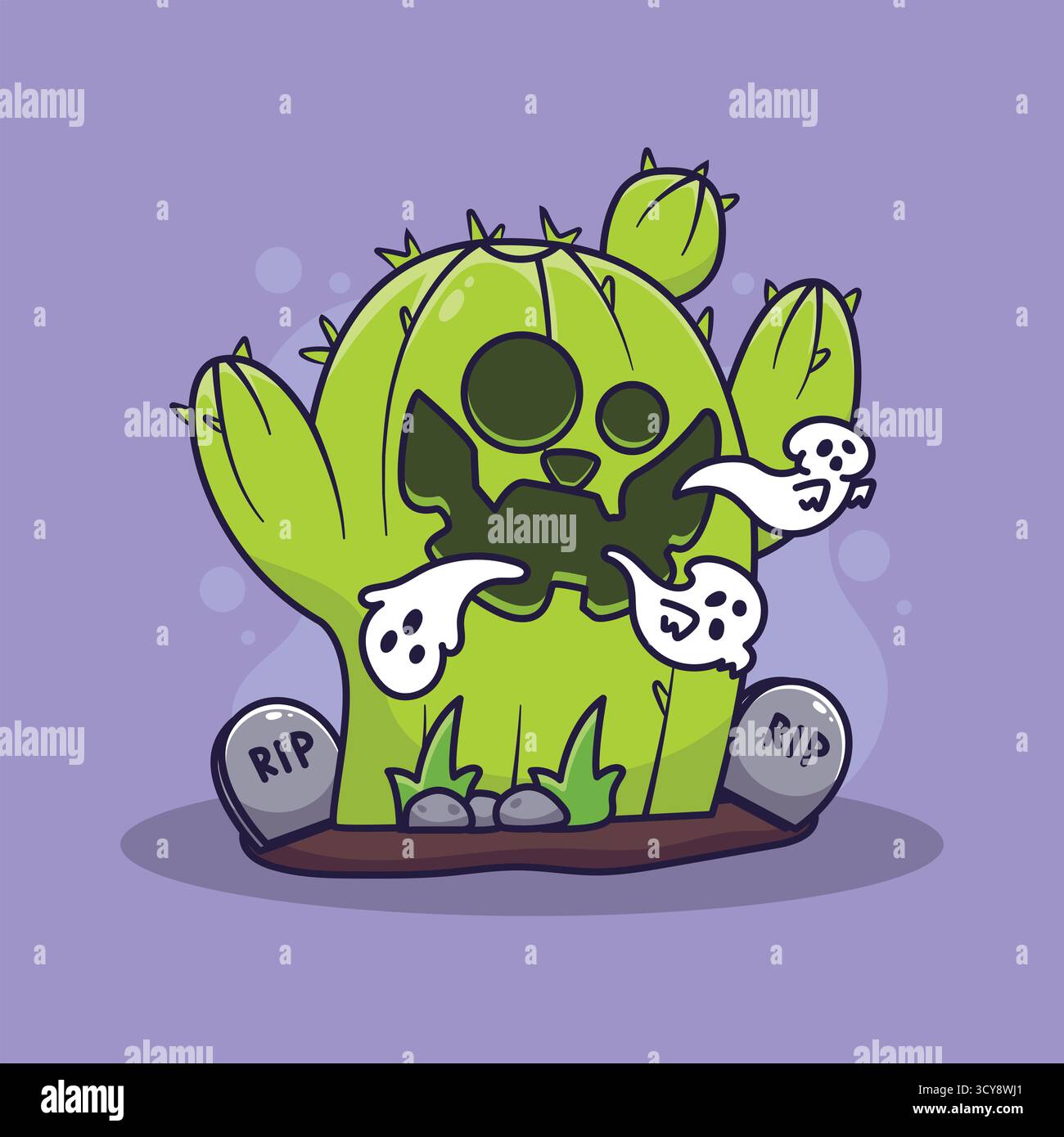Cute Spooky Cactus with Jack-o'-Lantern Face and Ghost Spirits – Vector ...
