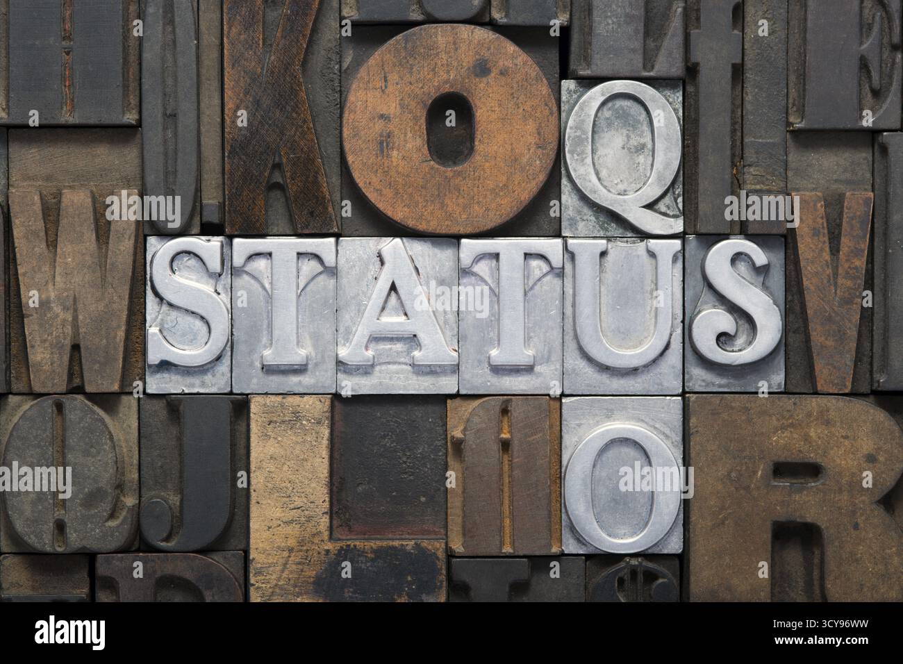 Status quo cross words made from metallic letterpress blocks in mixed ...