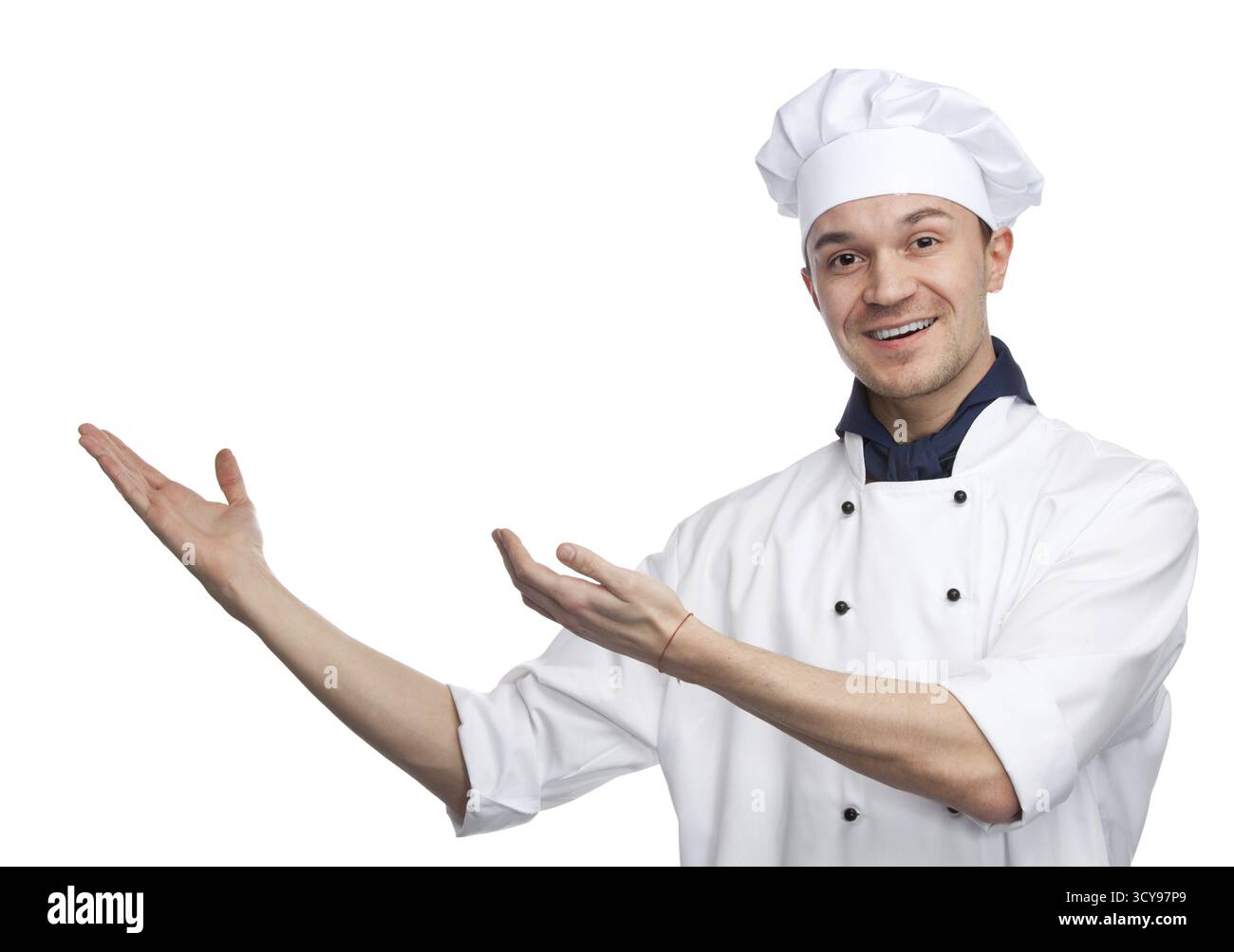 Happy chef with arms open in welcoming gesture isolated on white ...