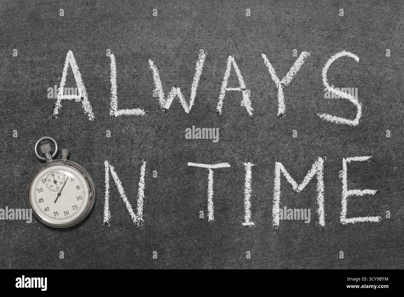 Always on time concept handwritten on chalkboard with vintage precise ...