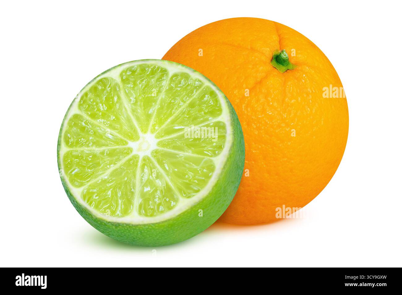 Whole orange and half lime on isolated white background Stock Photo - Alamy