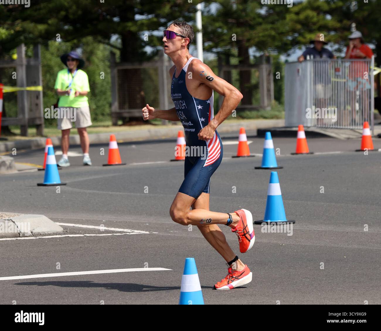 Sullivan Middaugh, of EagleVail, CO, at the U23 2025 World Triathlon Championship Wollongong, on ...