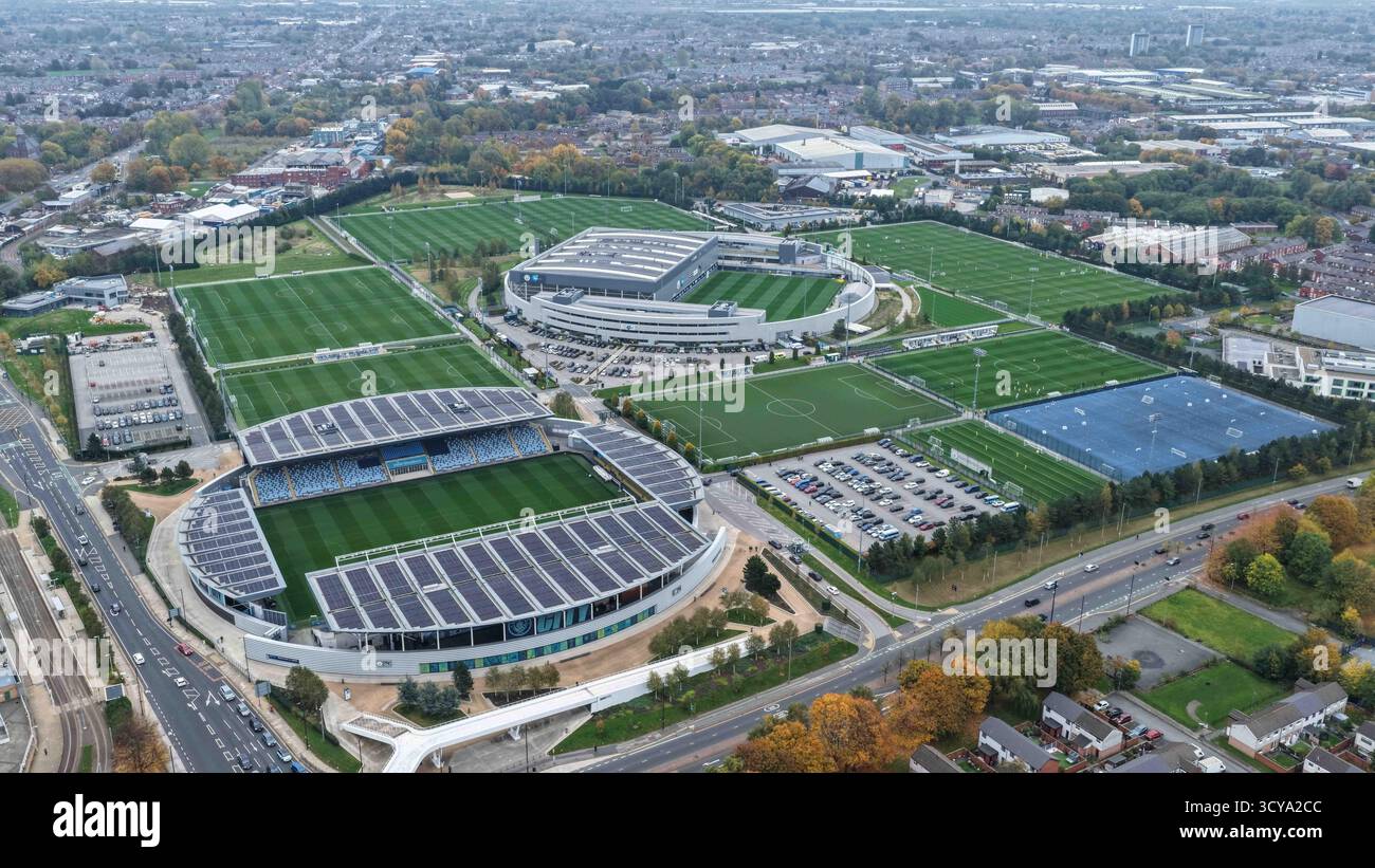 An aerial view of the Joie stadium and the Etihad Campus during the ...