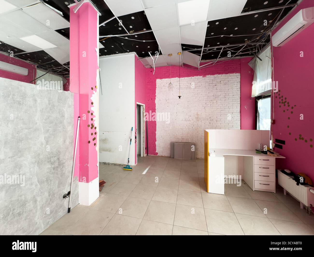 wall pink, showing the process of renovation and home improvement Stock ...