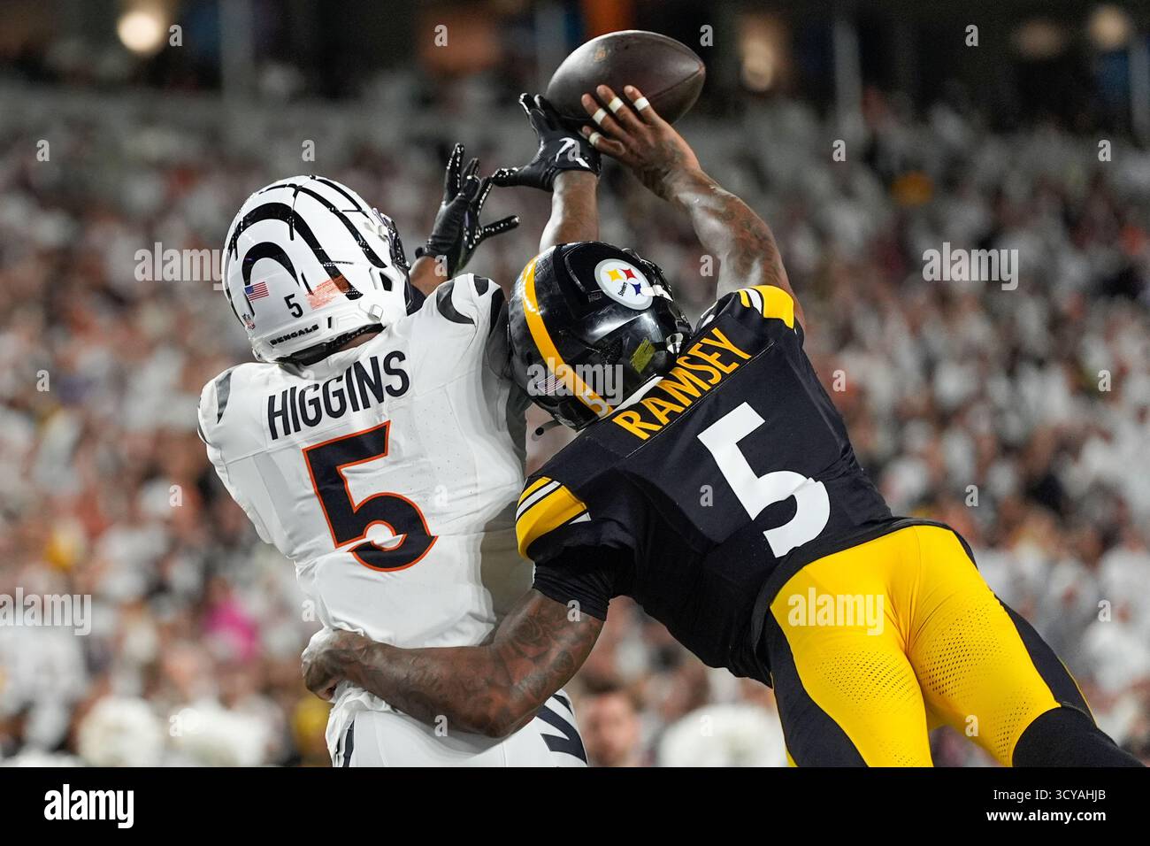 Cincinnati Bengals wide receiver Tee Higgins (5) goes up for a pass as ...