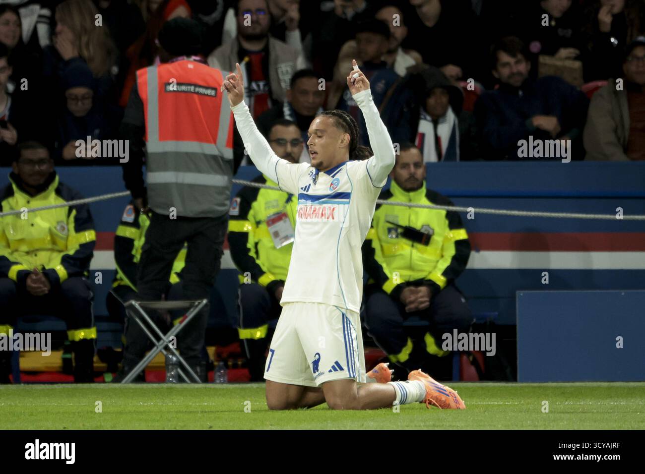 Diego Moreira of Strasbourg celebrates his goal during the French ...