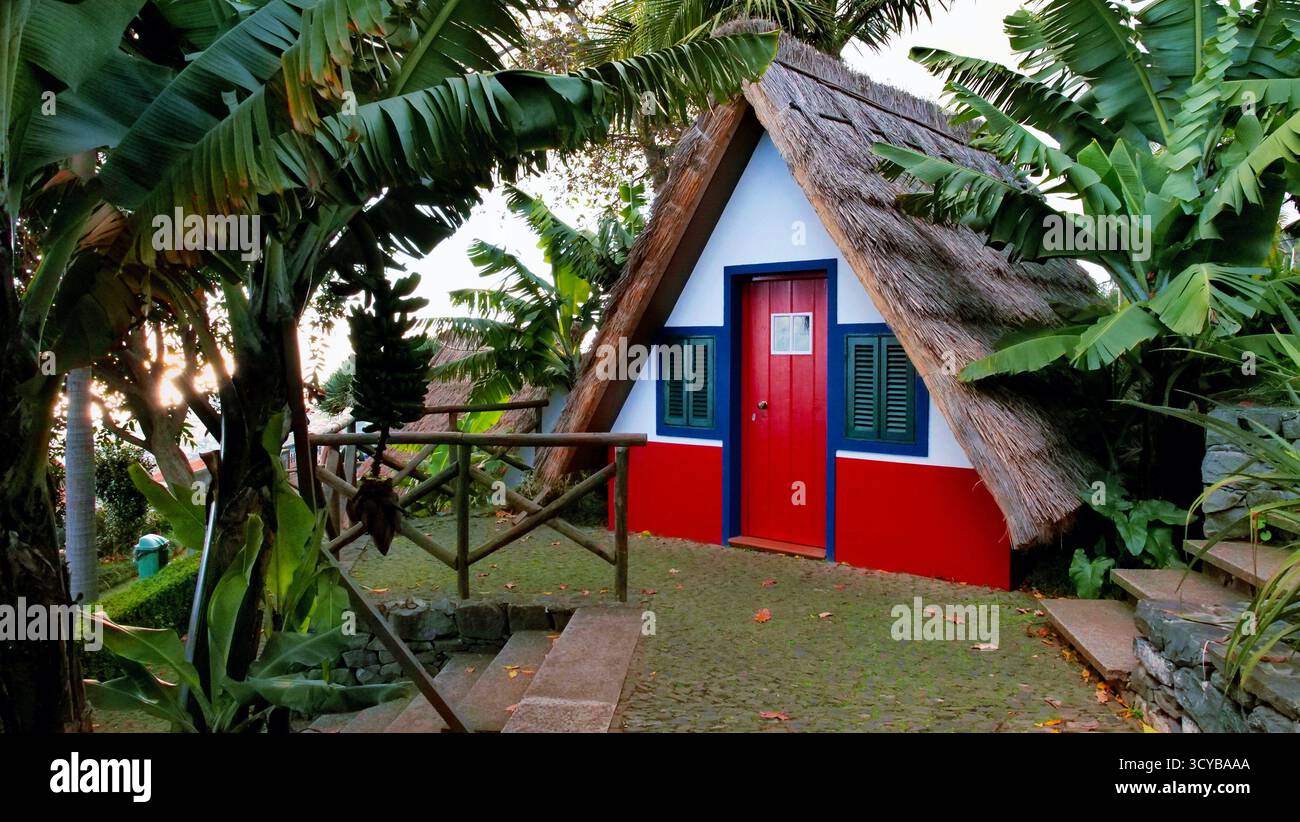 Traditional triangular house with thatched roof in lush tropical garden ...