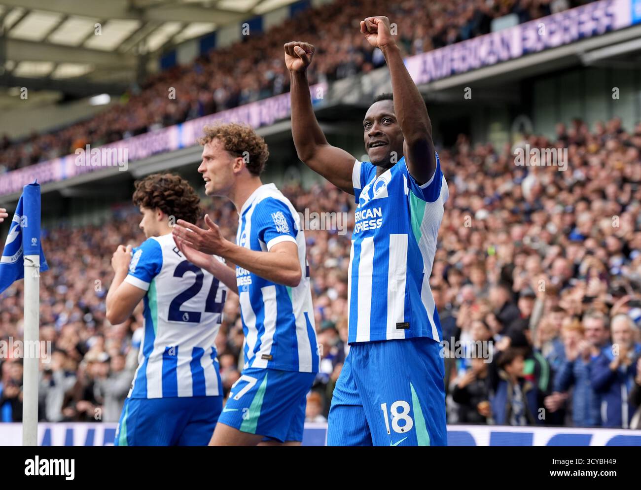 Brighton and Hove Albion's Danny Welbeck (right) celebrates after ...
