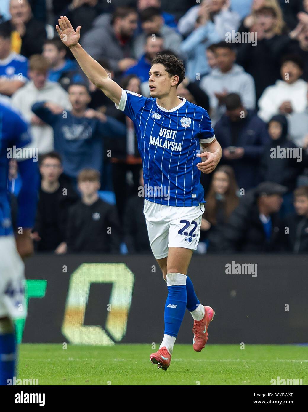 Cardiff, UK. 18th Oct, 2025. Yousef Salech of Cardiff City celebrates ...