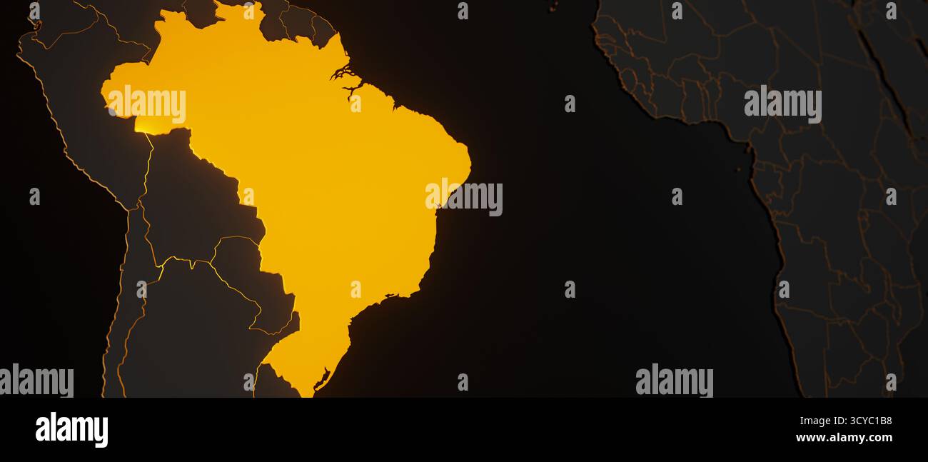 Golden Brazil 3d map surrounded with other countries in black with ...